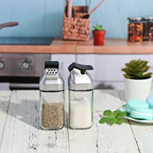 J&M Design Glass Salt and Pepper Shakers Set with Moisture Free Plastic Flip Lid for Kitchen Countertop or Travel Spice Seasoning Use - Set Of 2 Refillable Bottle Dispenser Container Shaker