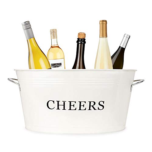 Twine Rustic Farmhouse Decor Ice Bucket & Galvanized Cheers Beverage Tub for Parties, 6.3 Gallons, Cream