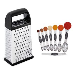 gorilla grip box grater and measuring spoons set, box grater has built in container, measuring spoons set is dishwasher safe, both in black color, 2 item bundle