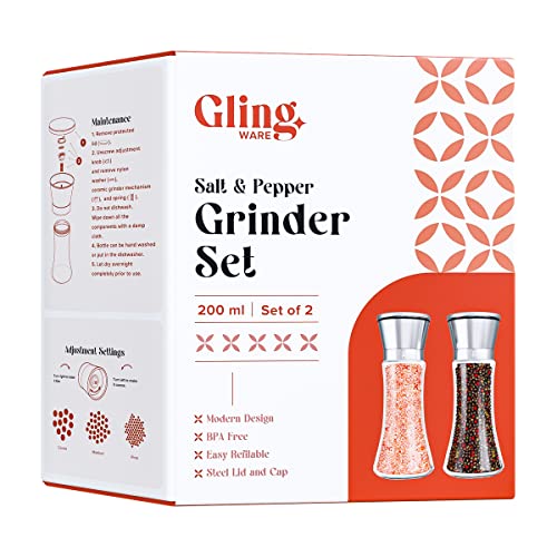 GLING Salt and Pepper Grinder Set - Refillable Sea Salt & Peppercorn Stainless Steel Shakers - Salt and Pepper Mill - 7.5 Inch