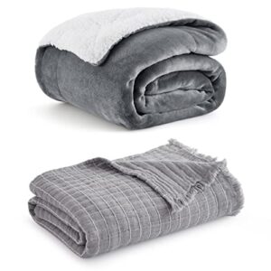 bedsure sherpa fleece blankets grey king & bedsure 100% cotton muslin blankets grey throw