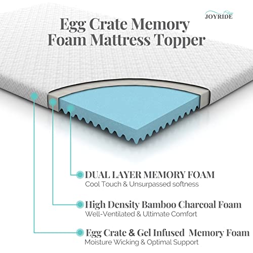 Memory Foam Mattress Topper,3 Inch Gel Infusion Egg Crate,with Removable, Washable Bamboo Rayon Cover,Anti-Slip Bottom & Straps,CertiPUR-US Certified,by Joyride Sleep(Queen Size)