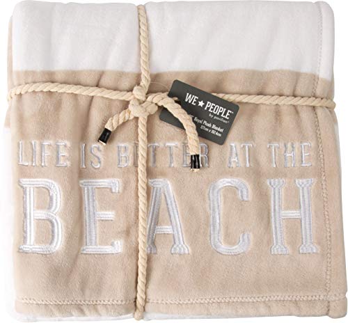 Pavilion Gift Company Life is Better at The Beach-Tan & White Super Soft 50 x 60 Inch Striped Throw Embroidered Text 50" x 60" Royal Plush Blanket, Beige