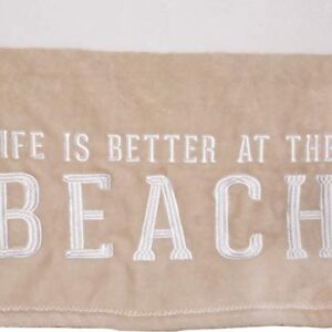 Pavilion Gift Company Life is Better at The Beach-Tan & White Super Soft 50 x 60 Inch Striped Throw Embroidered Text 50" x 60" Royal Plush Blanket, Beige