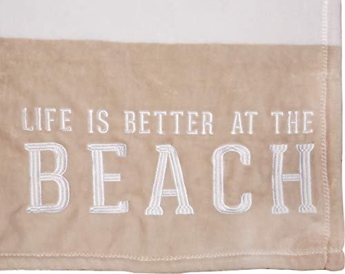 Pavilion Gift Company Life is Better at The Beach-Tan & White Super Soft 50 x 60 Inch Striped Throw Embroidered Text 50" x 60" Royal Plush Blanket, Beige