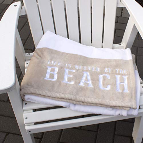 Pavilion Gift Company Life is Better at The Beach-Tan & White Super Soft 50 x 60 Inch Striped Throw Embroidered Text 50" x 60" Royal Plush Blanket, Beige