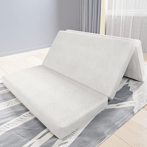 Tri Folding Mattress Topper, Memory Foam Tri-fold Mattress with Ultra Soft Bamboo Waterproof Washable Cover, Full Size (75"x54"x4")