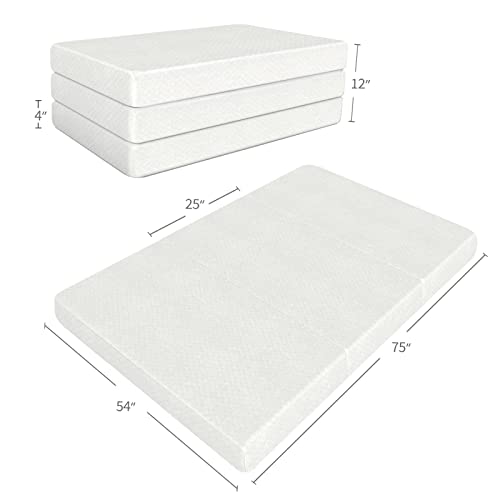 Tri Folding Mattress Topper, Memory Foam Tri-fold Mattress with Ultra Soft Bamboo Waterproof Washable Cover, Full Size (75"x54"x4")