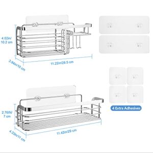 Shower Caddy Adhesive Shower Organizer with Hooks&Soap Holder,No Drilling Stainless Steel Bathroom Organizers,Rustproof Wall-Mounted Shower Shelf for Inside Shower Rack,Bathroom-2 Pack(Silver)