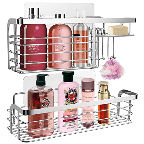 Shower Caddy Adhesive Shower Organizer with Hooks&Soap Holder,No Drilling Stainless Steel Bathroom Organizers,Rustproof Wall-Mounted Shower Shelf for Inside Shower Rack,Bathroom-2 Pack(Silver)