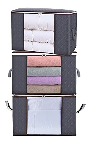 3 Pack Large Capacity Foldable Clothes Storage Bags, Storage Bins Closet Organizers with Clear Window, Sturdy Zipper, Reinforced Handle, Thick Fabric for Clothing, Comforters, Blankets, ( 90L , Grey)