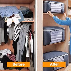 3 Pack Large Capacity Foldable Clothes Storage Bags, Storage Bins Closet Organizers with Clear Window, Sturdy Zipper, Reinforced Handle, Thick Fabric for Clothing, Comforters, Blankets, ( 90L , Grey)