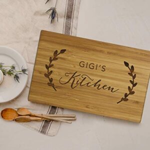 Andaz Press Large Bamboo Wood Cutting Board Gift for Mother's Day, 17.75 x 11-inch, Rustic Laurels, Gigi's Kitchen, 1-Pack, Laser Engraved Serving Chopping Board Christmas Birthday Chef Kitchen Ideas