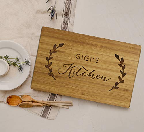 Andaz Press Large Bamboo Wood Cutting Board Gift for Mother's Day, 17.75 x 11-inch, Rustic Laurels, Gigi's Kitchen, 1-Pack, Laser Engraved Serving Chopping Board Christmas Birthday Chef Kitchen Ideas