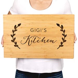 Andaz Press Large Bamboo Wood Cutting Board Gift for Mother's Day, 17.75 x 11-inch, Rustic Laurels, Gigi's Kitchen, 1-Pack, Laser Engraved Serving Chopping Board Christmas Birthday Chef Kitchen Ideas