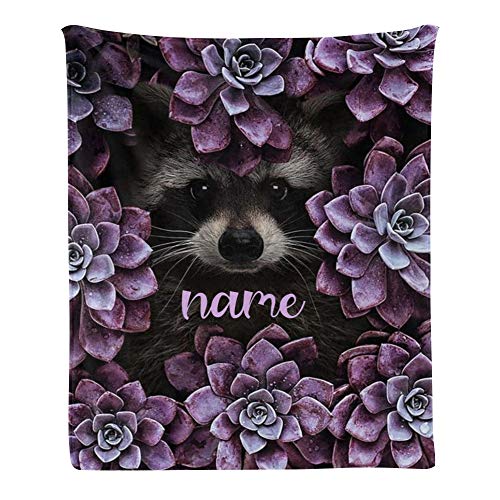 Custom Blanket with Name Text,Personalized Animal Raccoon Purple Plant Super Soft Fleece Throw Blanket for Couch Sofa Bed (50 X 60 inches)