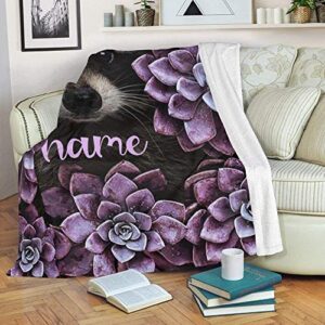 Custom Blanket with Name Text,Personalized Animal Raccoon Purple Plant Super Soft Fleece Throw Blanket for Couch Sofa Bed (50 X 60 inches)