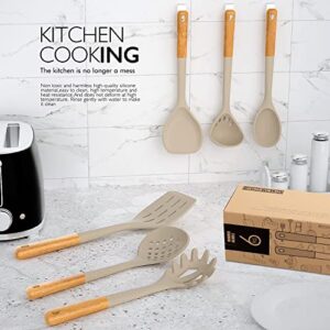 Large Silicone Cooking Utensils - Heat Resistant Kitchen Utensil Set with Wooden Handles, Spatula,Turner, Slotted Spoon, Pasta server, Kitchen Gadgets Tools Sets for Non-Stick Cookware (Khaki)