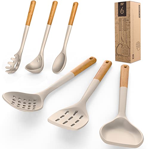 Large Silicone Cooking Utensils - Heat Resistant Kitchen Utensil Set with Wooden Handles, Spatula,Turner, Slotted Spoon, Pasta server, Kitchen Gadgets Tools Sets for Non-Stick Cookware (Khaki)