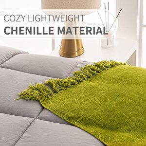 FRESHMINT Throw Blanket Soft Fluffy Chenille with Decorative Tassel Fringe for Home Decor Sofa Couch Bed Gift 60 x 50 Inch, Green