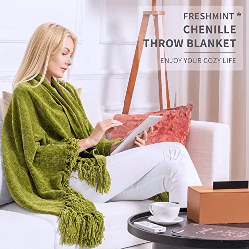 FRESHMINT Throw Blanket Soft Fluffy Chenille with Decorative Tassel Fringe for Home Decor Sofa Couch Bed Gift 60 x 50 Inch, Green