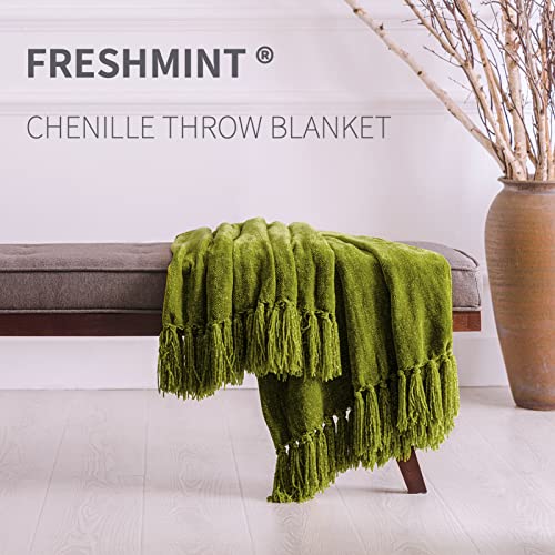 FRESHMINT Throw Blanket Soft Fluffy Chenille with Decorative Tassel Fringe for Home Decor Sofa Couch Bed Gift 60 x 50 Inch, Green