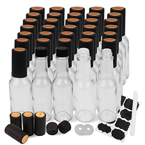 Glass Bottles,Encheng 5oz Clear Woozy Bottles with Shrink Capsules,Small Wine Bottles With Shirnk Bands Glass Hot Sauce Bottles,Empty Small Beverage Bottles Canning Bottles With Black Caps Case of 35