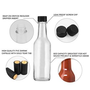 Glass Bottles,Encheng 5oz Clear Woozy Bottles with Shrink Capsules,Small Wine Bottles With Shirnk Bands Glass Hot Sauce Bottles,Empty Small Beverage Bottles Canning Bottles With Black Caps Case of 35