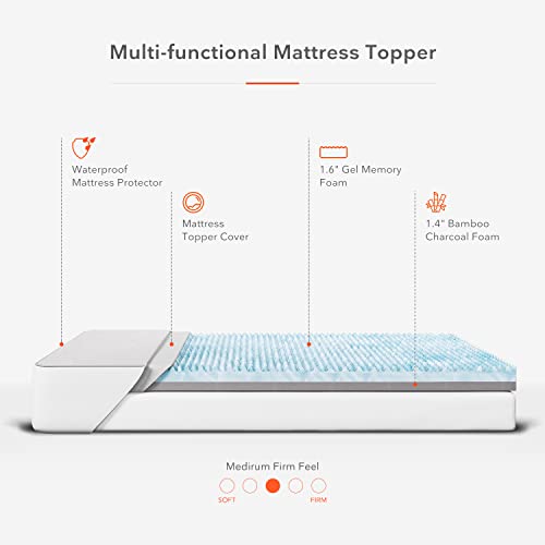 Sweetnight 3 Inch Mattress Topper Queen Size with Waterproof Mattress Protector, Memory Foam Topper Infused Gel & Bamboo Charcoal, Cooling & Ventilation, Plus 4 Bed Sheet Holder Straps, Medium Plush