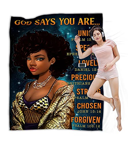 Drawpro Black Girl Throw Blanket African American Queen Blanket Black Women Inspirational Blanket for Girl Warm Soft Fuzzy Flannel Blanket Bed Couch Sofa Chair Office Camping Fluffy Cozy 50"X40"