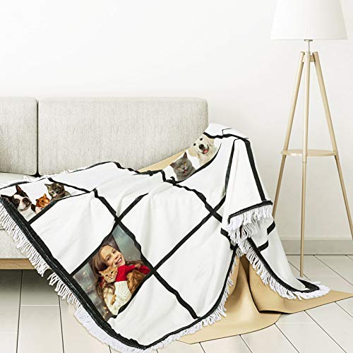 Sublimation Blanket Personalized Sublimation Throw Blanket with 20 Printable Panels Baby Printed Blanket Flannel Fleece Blanket with Tassels for Heat Press Home Sofa Bedroom (40 x 30 Inch)