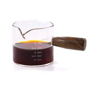 walnut coffee 75ml colored espresso shot glass double spouts with walnut handle, measuring triple pitcher milk cup with 2 spouts, coffee measuring cup glass with walnut handle for barista (clear)