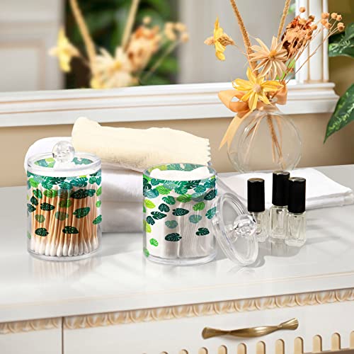 Turquoise Palm Leaves Qtip Dispenser Apothecary Jars Tropical Jungle Bathroom Qtip Holder Storage Canister Plastic Jar 10 Oz for Cotton Ball Swab Round Pads Floss 2pcs