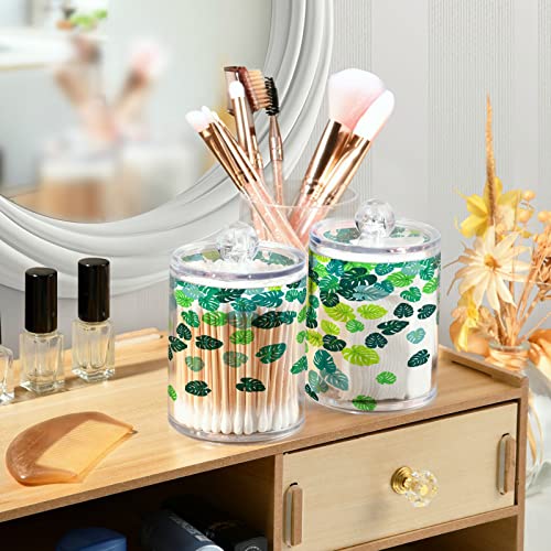 Turquoise Palm Leaves Qtip Dispenser Apothecary Jars Tropical Jungle Bathroom Qtip Holder Storage Canister Plastic Jar 10 Oz for Cotton Ball Swab Round Pads Floss 2pcs