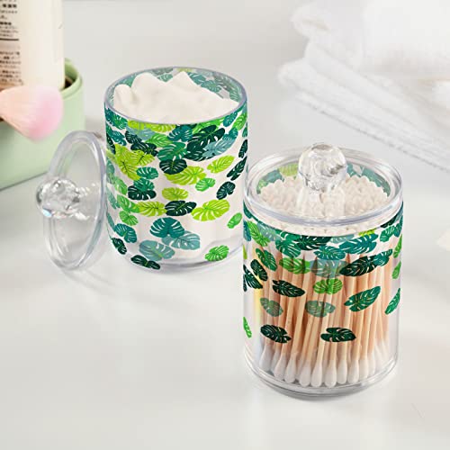 Turquoise Palm Leaves Qtip Dispenser Apothecary Jars Tropical Jungle Bathroom Qtip Holder Storage Canister Plastic Jar 10 Oz for Cotton Ball Swab Round Pads Floss 2pcs