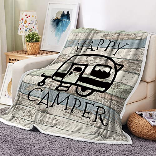 Happy Camper Throw Blanket, Retro Rustic Wood Neutral Color for Travel Trailer Camping Theme Motor RV Fleece Blanket, Farmhouse Soft Flannel Throw Blanket for Chair Bed Sofa Couch Office, 50X60IN