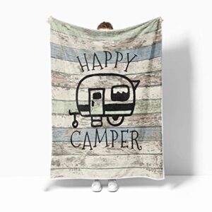 Happy Camper Throw Blanket, Retro Rustic Wood Neutral Color for Travel Trailer Camping Theme Motor RV Fleece Blanket, Farmhouse Soft Flannel Throw Blanket for Chair Bed Sofa Couch Office, 50X60IN