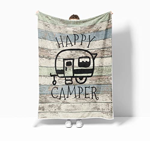 Happy Camper Throw Blanket, Retro Rustic Wood Neutral Color for Travel Trailer Camping Theme Motor RV Fleece Blanket, Farmhouse Soft Flannel Throw Blanket for Chair Bed Sofa Couch Office, 50X60IN