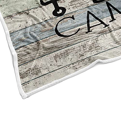 Happy Camper Throw Blanket, Retro Rustic Wood Neutral Color for Travel Trailer Camping Theme Motor RV Fleece Blanket, Farmhouse Soft Flannel Throw Blanket for Chair Bed Sofa Couch Office, 50X60IN