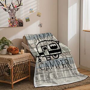 Happy Camper Throw Blanket, Retro Rustic Wood Neutral Color for Travel Trailer Camping Theme Motor RV Fleece Blanket, Farmhouse Soft Flannel Throw Blanket for Chair Bed Sofa Couch Office, 50X60IN