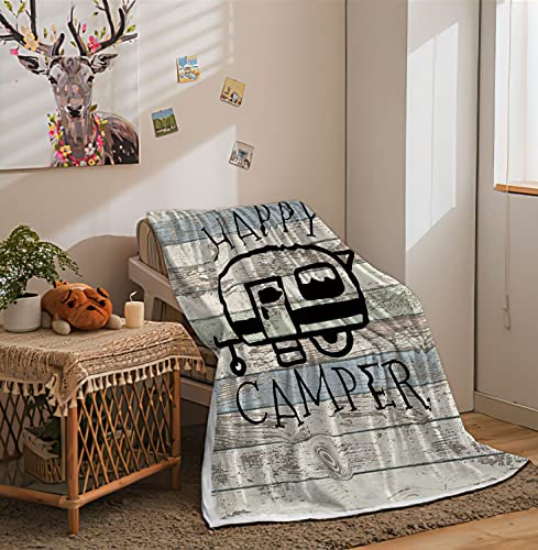 Happy Camper Throw Blanket, Retro Rustic Wood Neutral Color for Travel Trailer Camping Theme Motor RV Fleece Blanket, Farmhouse Soft Flannel Throw Blanket for Chair Bed Sofa Couch Office, 50X60IN