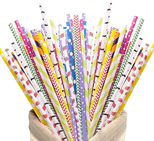 HAKACC 200 Pack Biodegradable Paper Straws for Drinking, 10 Different Pattern Party Straws for Birthday Wedding and Holiday DIY Decorations