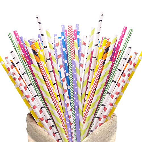 HAKACC 200 Pack Biodegradable Paper Straws for Drinking, 10 Different Pattern Party Straws for Birthday Wedding and Holiday DIY Decorations