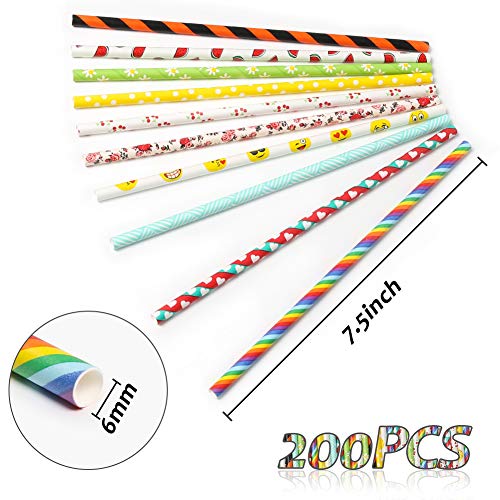 HAKACC 200 Pack Biodegradable Paper Straws for Drinking, 10 Different Pattern Party Straws for Birthday Wedding and Holiday DIY Decorations