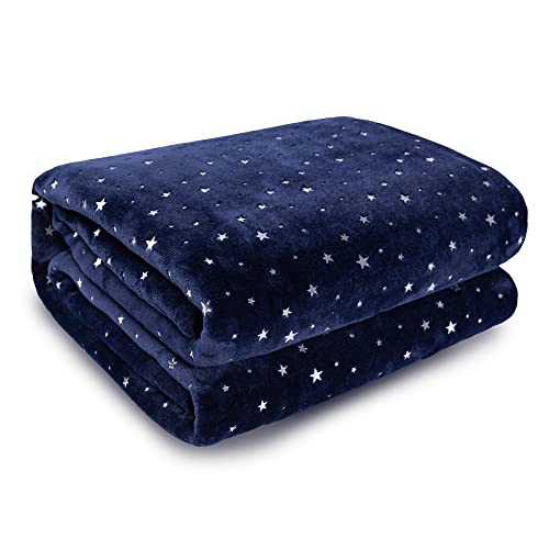 Fleece Throw Blanket, Star Foil Print,Luxury Cozy Microfiber Blanket,Super Soft Thick Microplush Bed Blanket, All Season Premium Fluffy Microfiber Throw for Sofa Couch Throw (65"x80", Navy Blue)