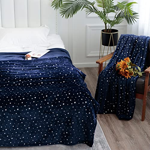 Fleece Throw Blanket, Star Foil Print,Luxury Cozy Microfiber Blanket,Super Soft Thick Microplush Bed Blanket, All Season Premium Fluffy Microfiber Throw for Sofa Couch Throw (65"x80", Navy Blue)