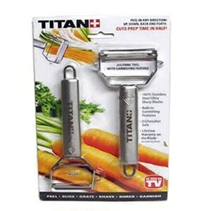 titan peeler stainless steel blade vegetable peeler julienne tool with garnishing feature - slicer shredder cutter for kitchen home staple - ttplr