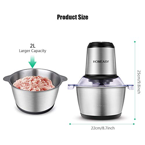 HOMEASY Meat Grinder Electric, Food Processor 2L Stainless Steel Meat Blender Food Chopper for Meat, Vegetables, Fruits and Nuts with 4 Sharp Blades, 350W, 8 Cups, 110V