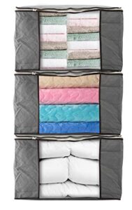 eternal living blanket storage bags with zippers & window | large capacity breathable clothes bag organizer with reinforced handles and clear window 3 pack, grey