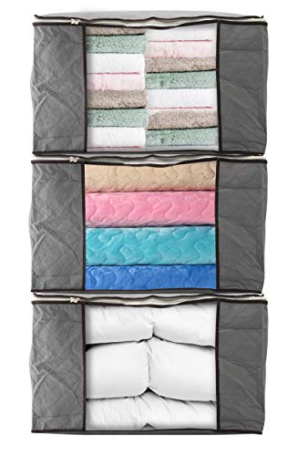 Eternal Living Blanket Storage Bags with Zippers & Window | Large Capacity Breathable Clothes Bag Organizer with Reinforced Handles and Clear Window 3 Pack, Grey